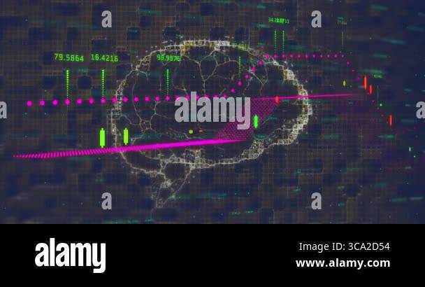 Scene opening with wireframe brain emerging, candlesticks forming and matrix rising for ...
