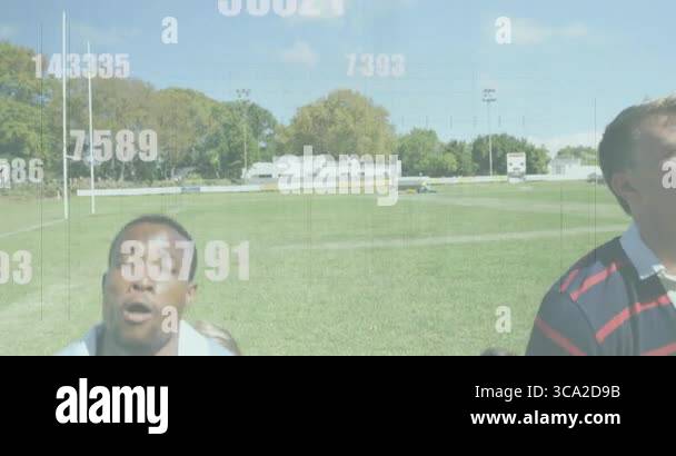 Incoming ball propelling rugby players sprinting pitch data overlays ...