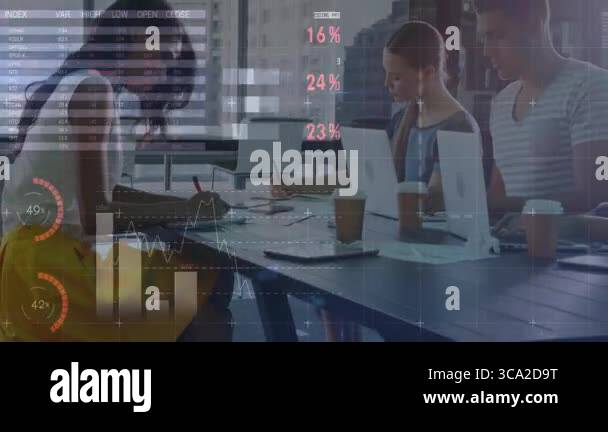 Business team writing and typing in glass office, initiating scrolling pie charts and bar graphs ...