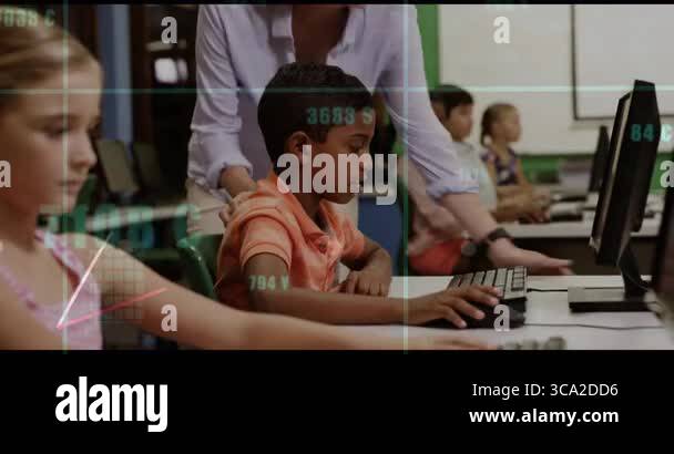 Girl typing and teacher guiding boy leaning over mouse in computer lab ...