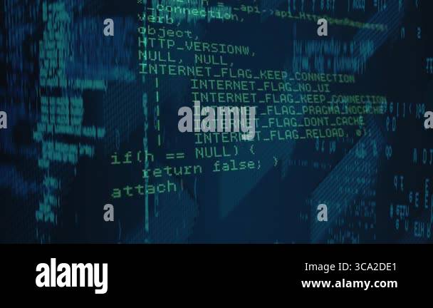 Bright green programming code animating on digital screen, showing ...