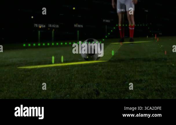 Soccer player shifting then kicking ball upon analytics charts emerging ...