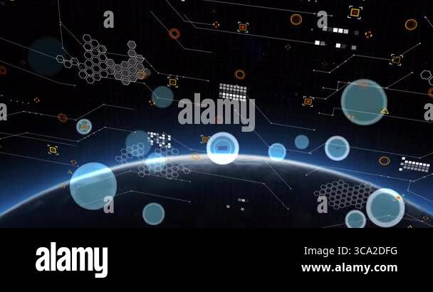 With Earth horizon emerging network lines animating as nodes float ...