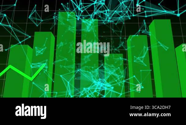 Glowing teal network forming above grid starting green 3D bars emerging ...