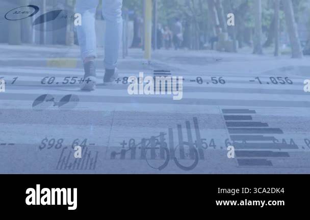 Man walking across zebra crosswalk, displaying animated financial bar ...