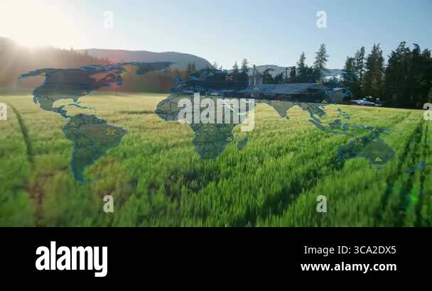 3D digital world map overlay floating over sunlit meadow, showing data ...