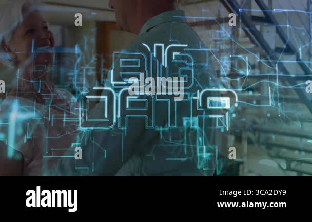 Senior couple smiling in open plan as floating circuits forming BIG DATA embracing for tech ...