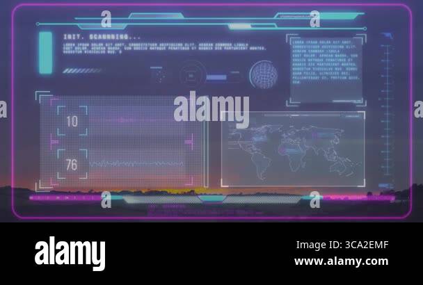 Futuristic neon HUD overlay glowing over sunset, scanning data and highlighting charts and bars ...