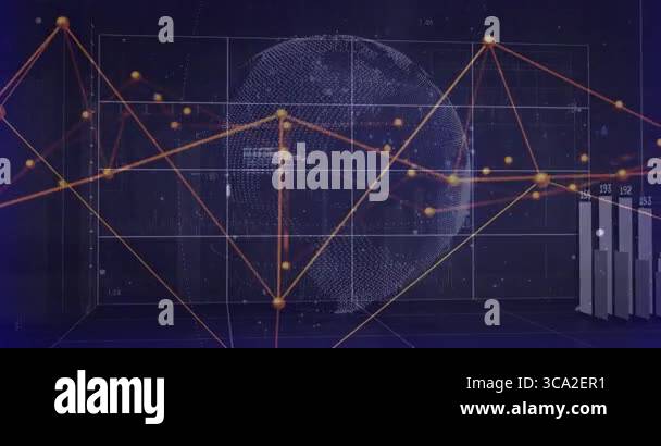 3D data visualization presenting globe with bar charts and glowing ...