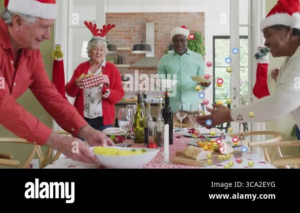Senior adults wearing hats arranging holiday meal featuring floating ...