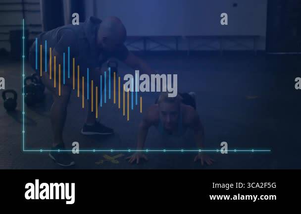trainer spotting trainee in gym, displaying animated multicolored bar ...