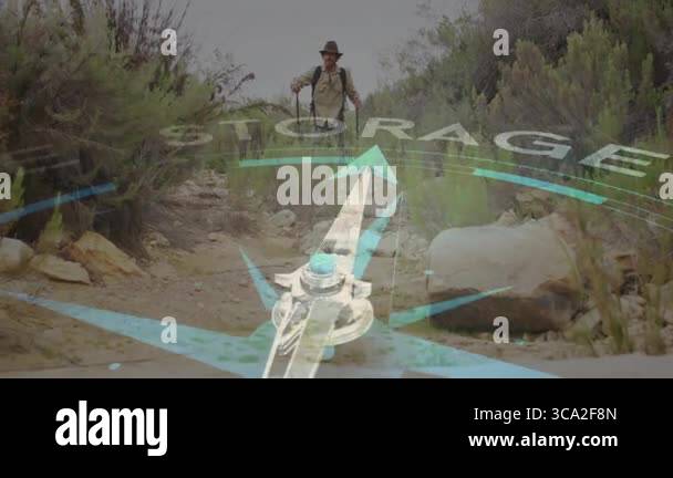 Hiker exploring rocky trail in outdoor navigation, with spinning ...