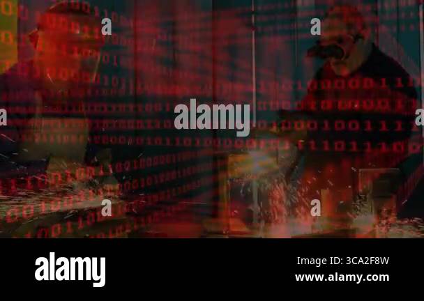colleagues grinding with angle grinders while showing binary code ...