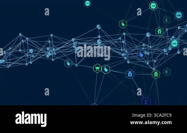 Digital network graph forming wave shape, showing glowing nodes and e ...