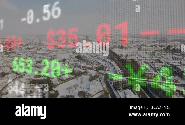 Digital stock tickers being overlaid across snowy suburban roofs in ...