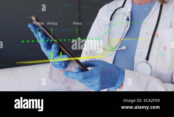female doctor tapping tablet with gloves and stethoscope, displaying ...