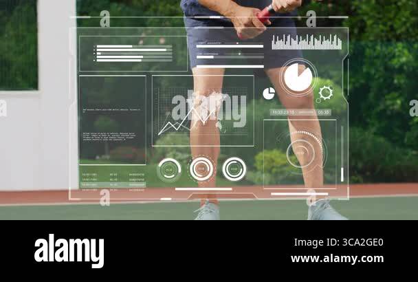 senior male tennis player playing on court, showing animated technology ...