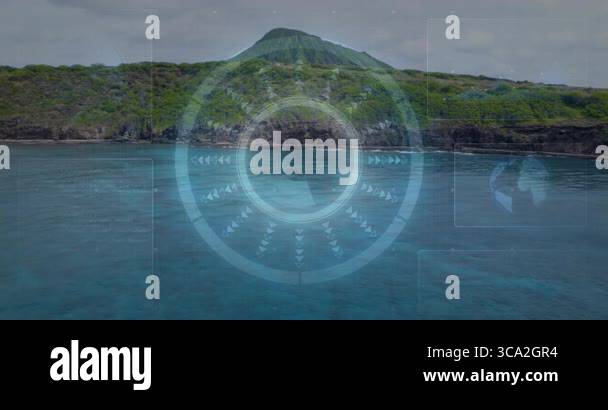 Displaying translucent HUD interface overlaying coastal seascape with ...