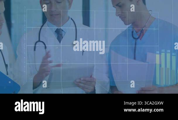 Medical team discussing data in hospital meeting, showing bar chart and ...