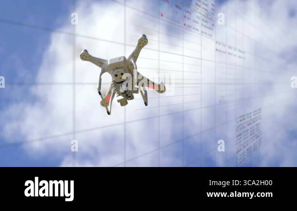 White quadcopter drone hovering over blue sky with grid displaying dynamic charts arrows tables ...