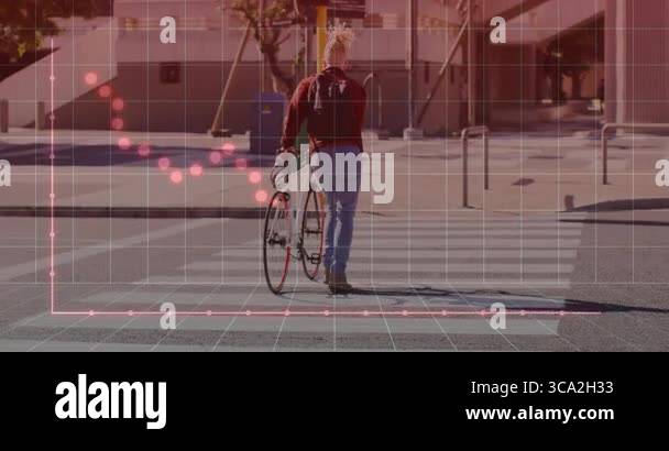 man pushing bicycle across crosswalk, displaying animated line chart ...