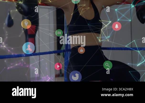 female boxer leaning on rope in ring corner with social media icons ...