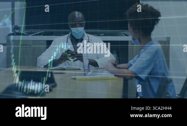 Doctor and nurse discussing medical finance at table, with floating ...