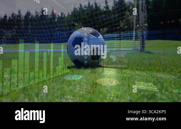 Graph overlays fading in on soccer pitch while goalkeeper diving and ...