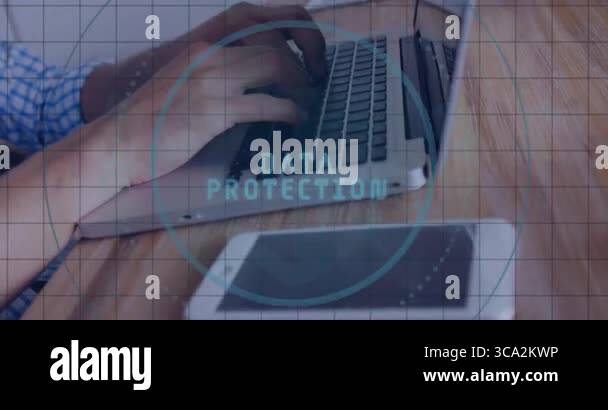 man typing on office desk setup, overlaying digital fingerprint scan ...