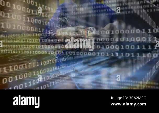 Male metal fabricator grinding workpiece in factory, showing sparks with floating binary overlay ...