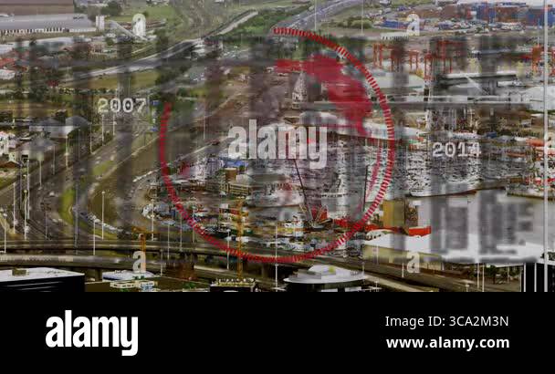 opening shot starting globe fading over port, rising data bars and pulsing ring showing timeline ...