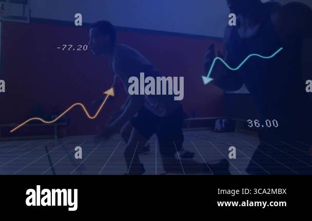 Male athletes running training drills in gym, showing sports analytics ...