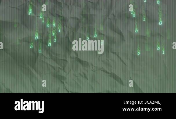 Glowing binary digits raining over dark crumpled paper, creating ...