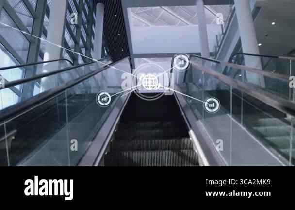 Global data network being visualized over ascending escalators in ...
