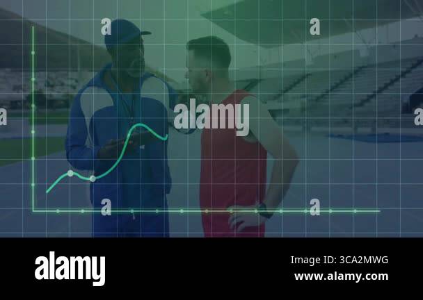 Coach and athlete reviewing sports performance on track, showing grid ...