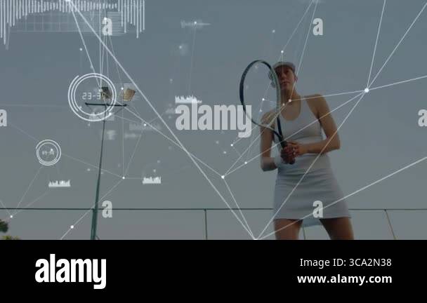 Female tennis player serving on outdoor tennis court, with sports ...
