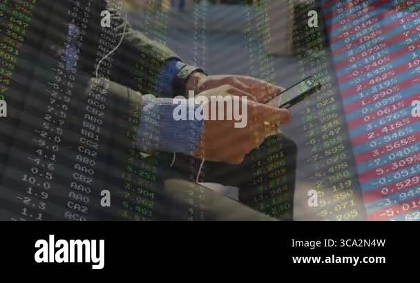 male tapping smartphone on finance app interface, with floating ticker ...
