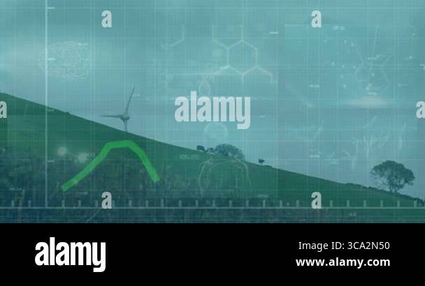 Wind turbines rotating on grassy hill while augmented reality interface ...