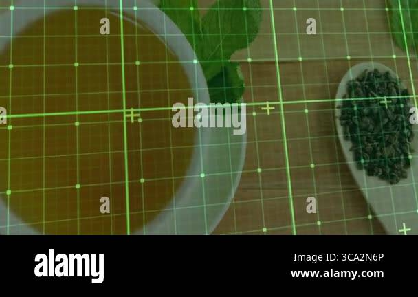 White ceramic tea cup being scanned in top-down flat design, showing ...