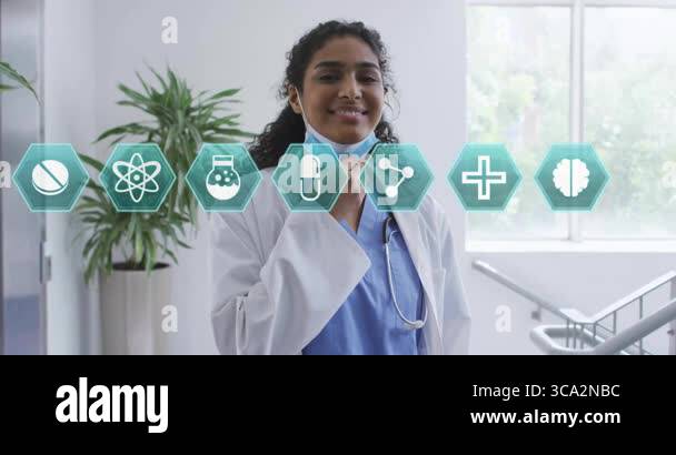 Female doctor crossing arms in clinic, showcasing floating hex medical ...
