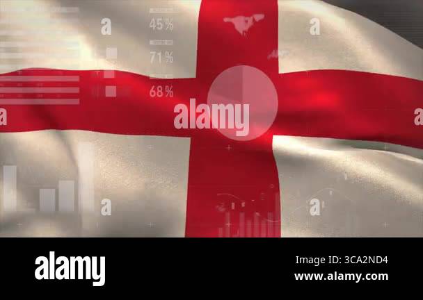 Waving England flag being animated with translucent data charts, map ...