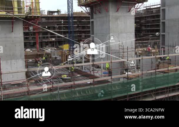 Concrete support column standing with scaffolding connecting network ...