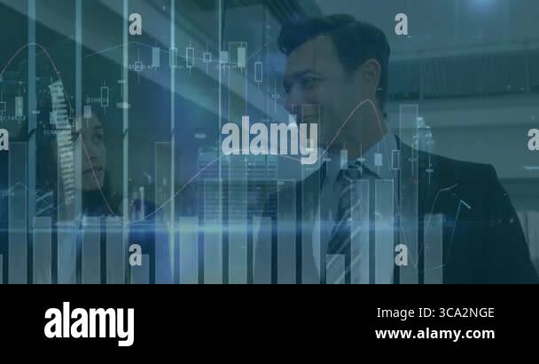 Business colleagues interacting with financial candlestick and bar charts with numeric data ...