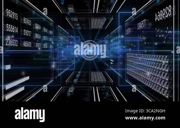 3D-rendered circular HUD element floating inside digital tunnel ...