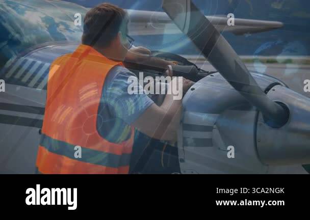 Aviation mechanic inspecting engine on tarmac, overlaying animated ...
