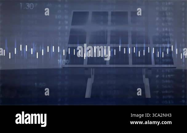 Stylized solar panel floating over data bars, displaying numeric ...