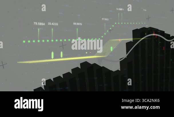 Animated digital finance chart showing black bars with grey curve and ...