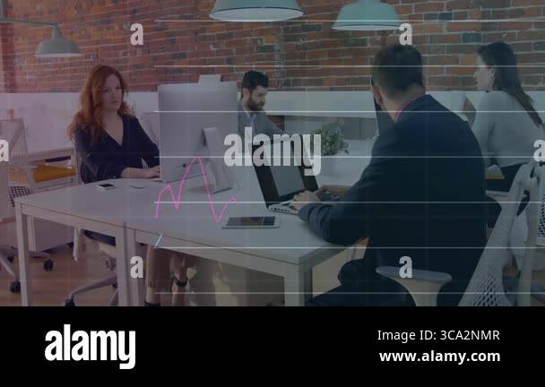team collaborating around white desk, with animated financial charts ...