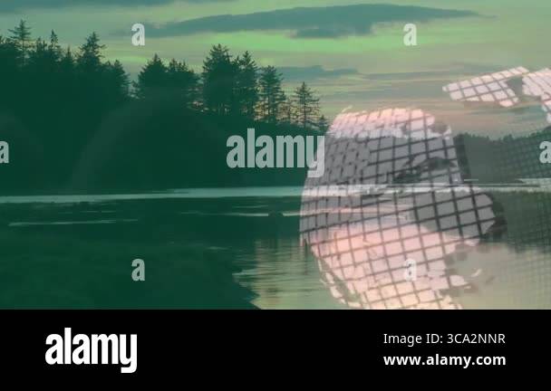 Wireframe globe displaying world map grid, hovering over calm coastal ...