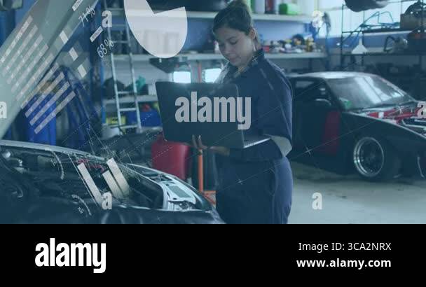 woman mechanic inspecting engine with laptop data and floating charts ...